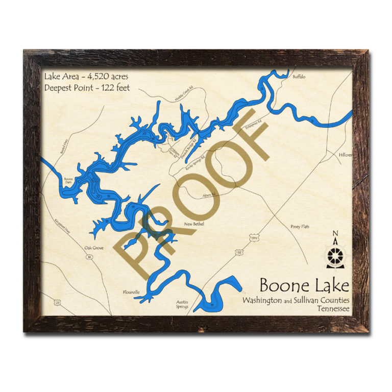 Boone Lake, TN 3D Wood Map | Laser-etched Wood Charts