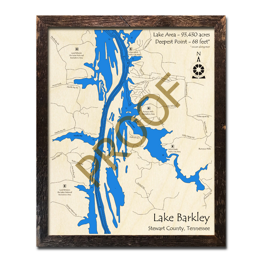 Lake Barkley, TN 3D Wood Map | Laser-etched Wood Charts