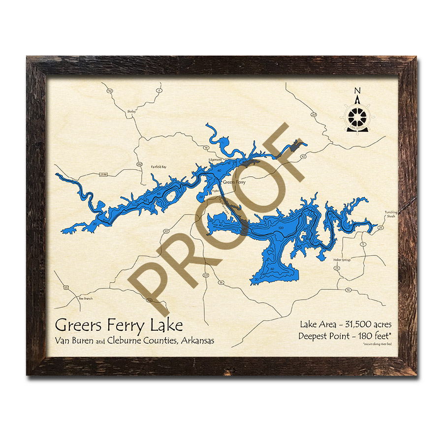 Greers Ferry Lake, AR 3D Wood Map | Laser-etched Nautical Decor