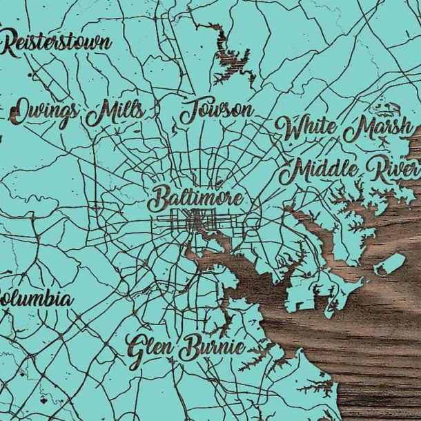 Baltimore MD - Chesapeake Bay Wood Map | Burnt Laser Carved Wall Sign