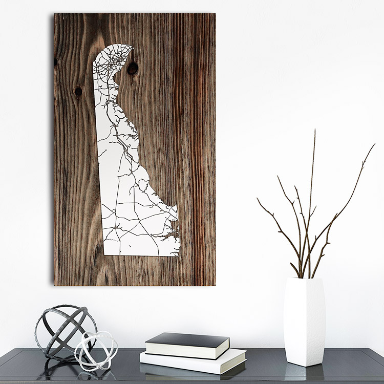 State of Delaware Wooden Map | Burnt Laser Carved Wall Art