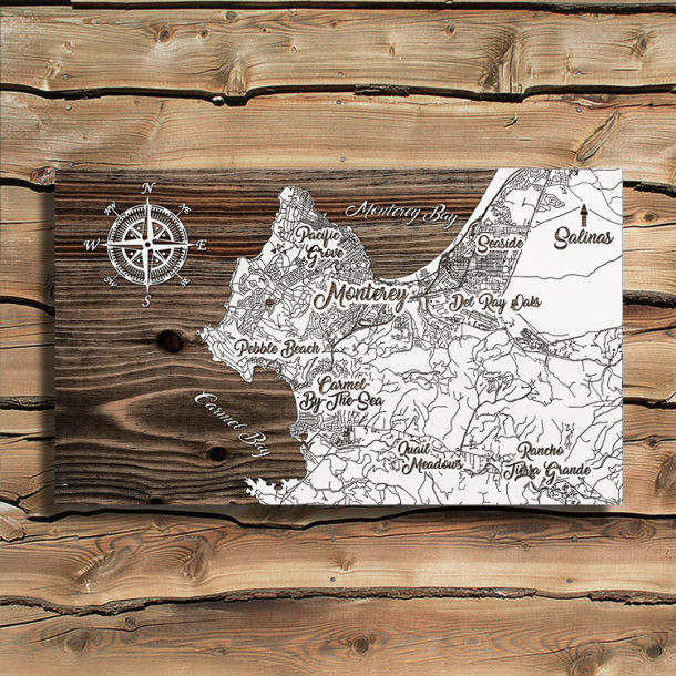 Monterey, California Wooden Map | Burnt Laser Carved Wall Art