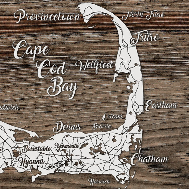 Cape Cod Massachusetts Map | Burnt Wooden Map | Laser Carved Wall Art
