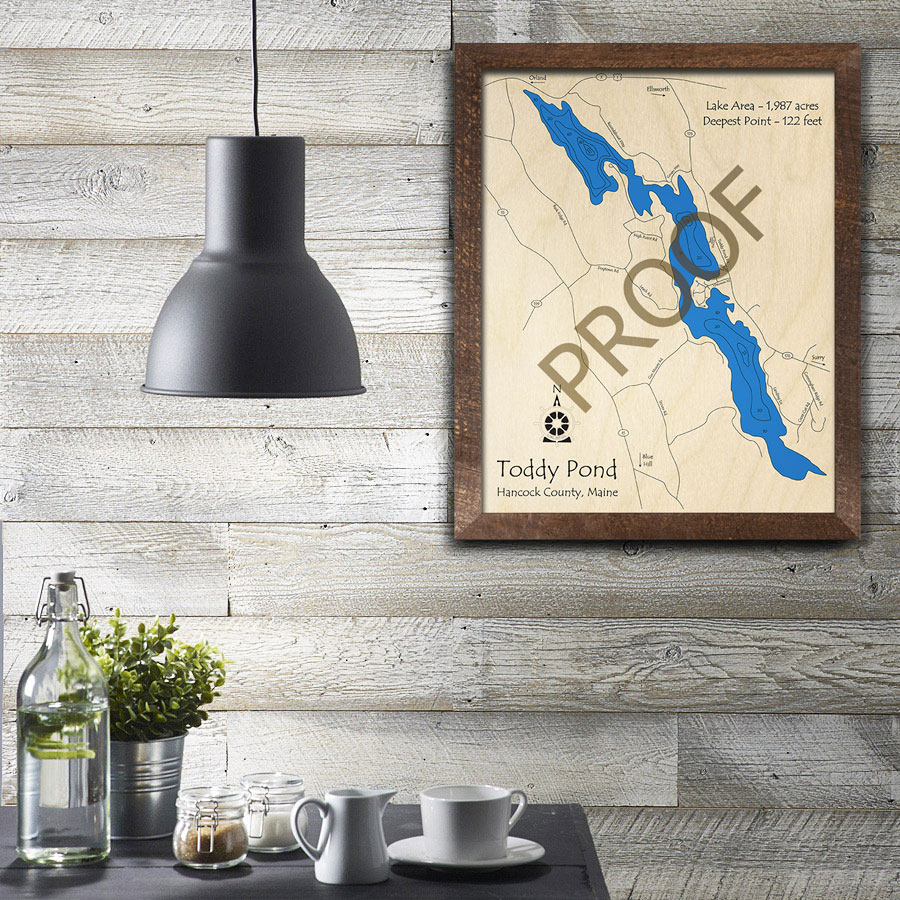 Toddy Pond, Maine 3D Wood Map | Laser-etched Nautical Decor