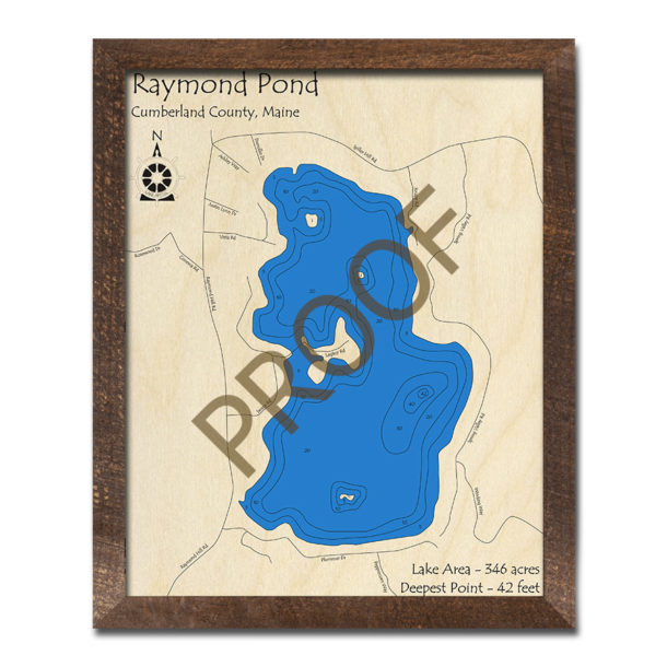 Raymond Pond, Maine 3D Wood Map | Laser-etched Nautical Decor