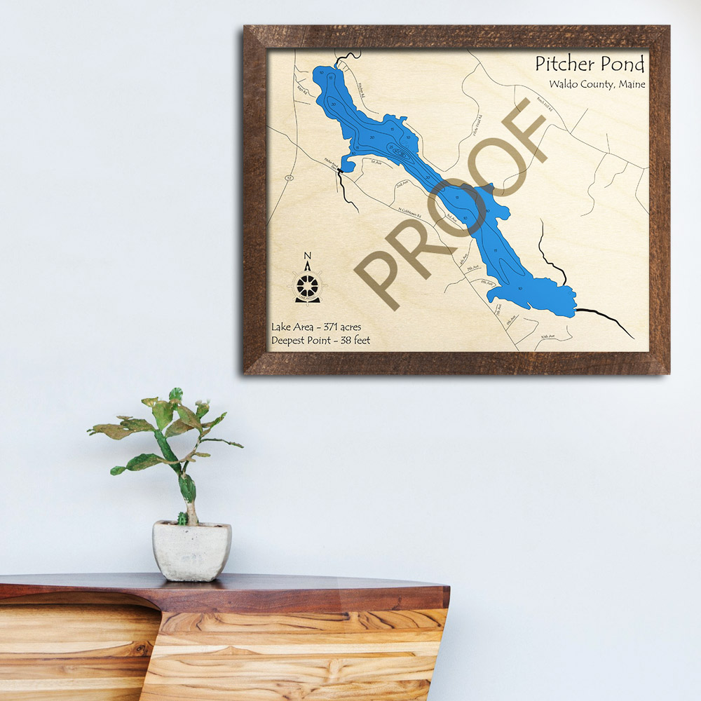 Pitcher Pond, Maine 3D Wood Map | Laser-etched Nautical Decor