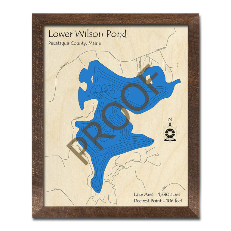 Lower Wilson Pond, Maine 3D Wood Map | Laser-etched Nautical Decor