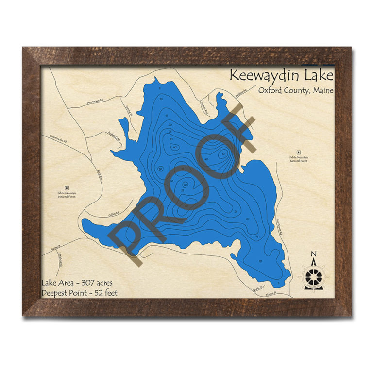 Keewaydin Lake, Maine 3D Wood Map | Laser-etched Nautical Decor