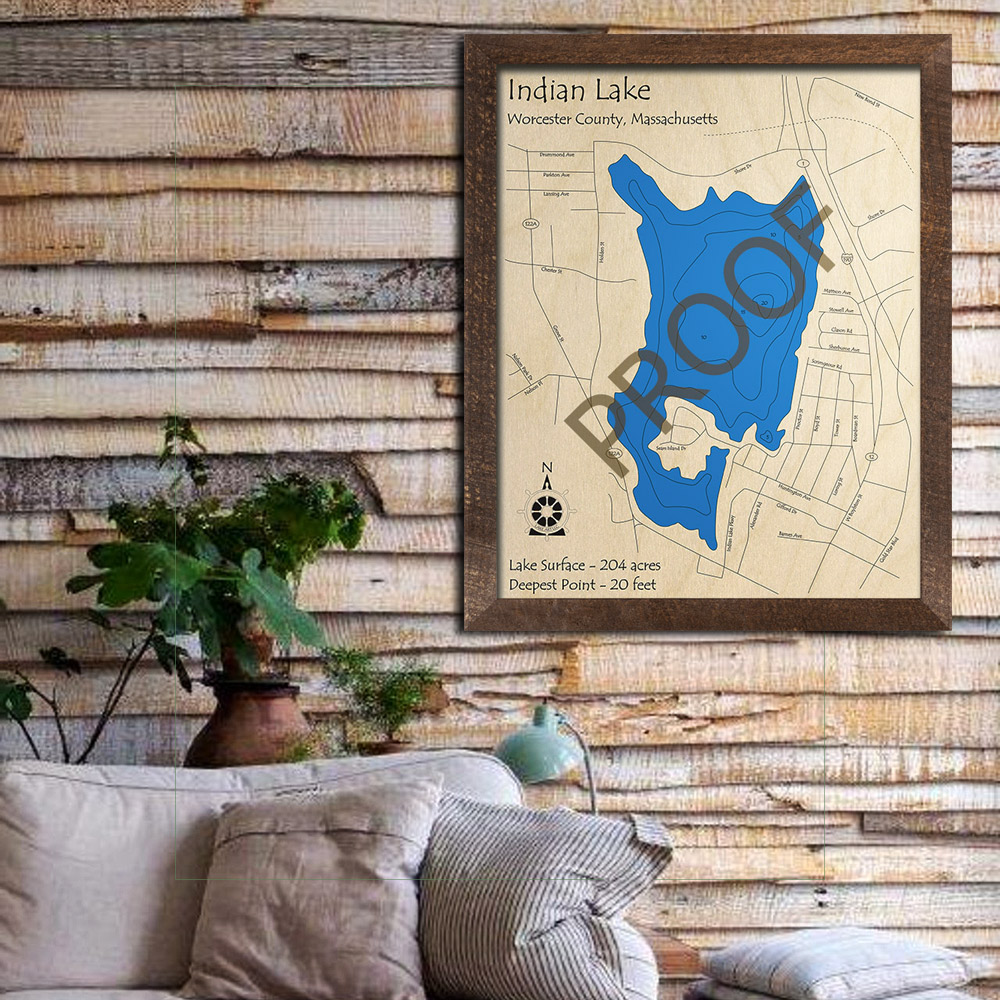 Indian Lake, MA 3D Wood Map | Laser-etched Nautical Decor