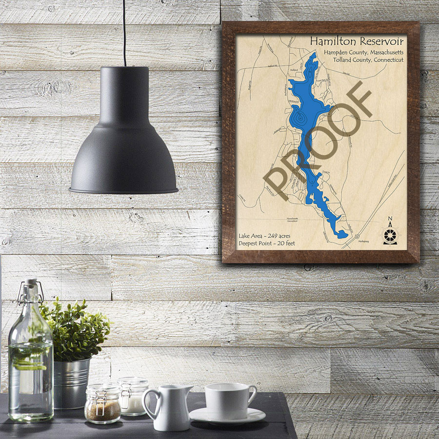 Hamilton Reservoir, MA 3D Wood Map | Laser-etched Nautical Decor