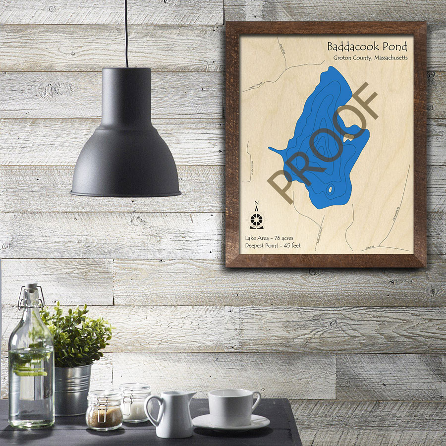 Baddacook Pond, MA 3D Wood Map | Laser-etched Nautical Decor