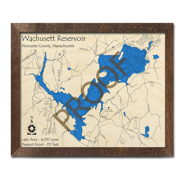 Wachusett Reservoir, MA 3D Wood Map | Laser-etched Nautical Decor