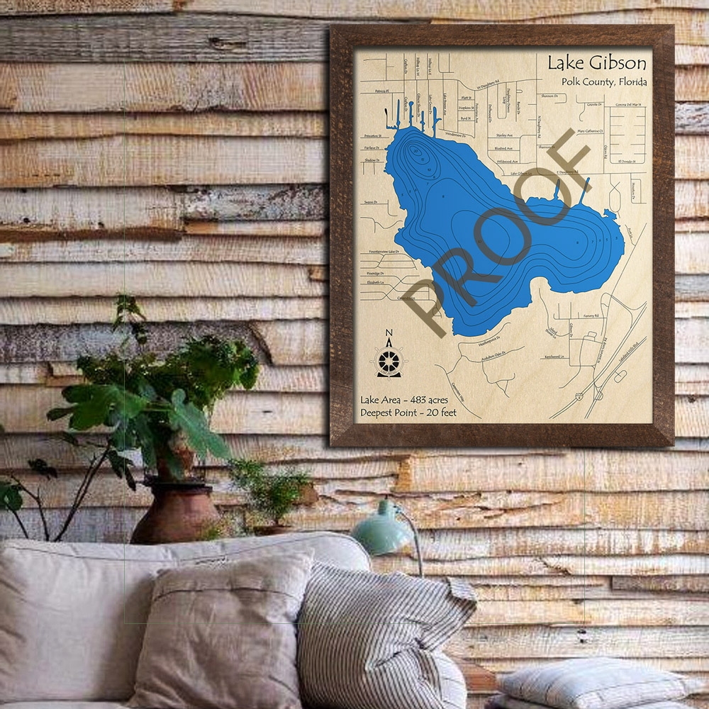 Lake Gibson, Florida 3D Wood Map | Laser-etched Nautical Decor