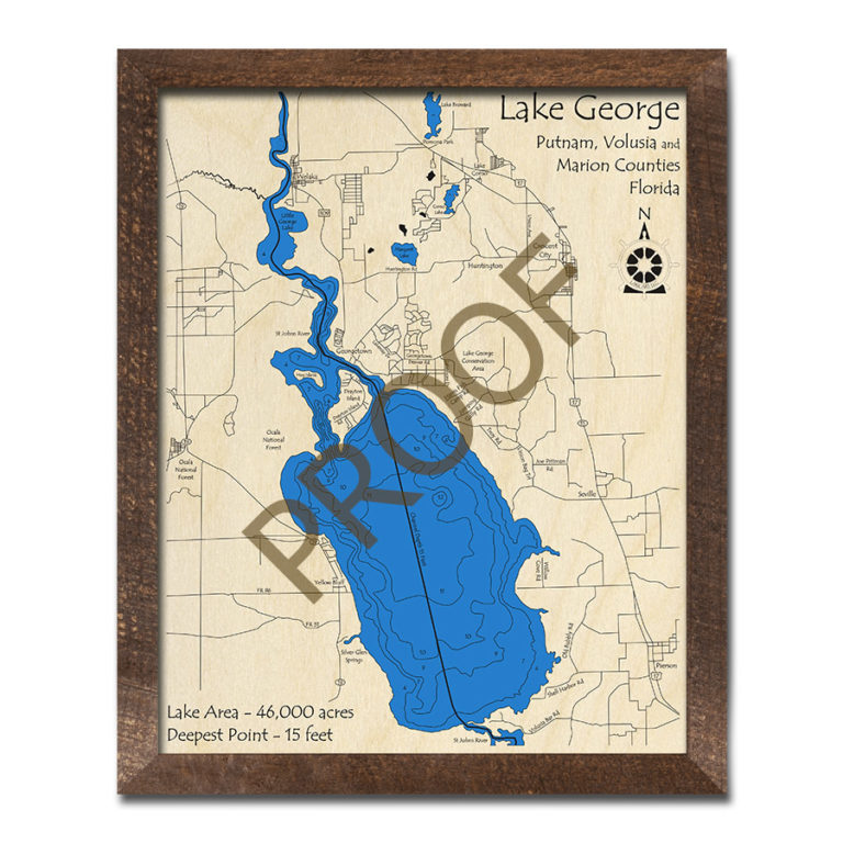 Lake George, Florida 3D Wood Map | Laser-etched Nautical Decor