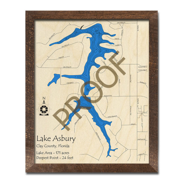 Lake Asbury, Florida 3D Wood Map | Laser-etched Nautical Decor