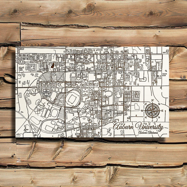 Auburn University Campus Wooden Map | Burnt Laser-Cut Wall Map