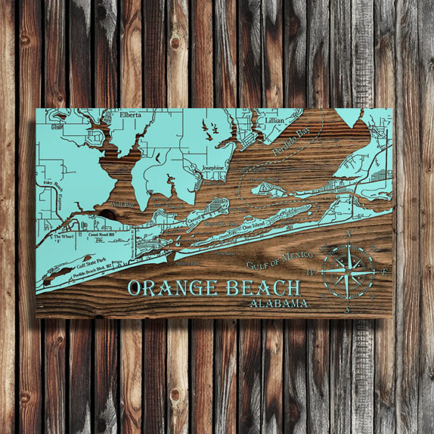 Orange Beach, Alabama Wood Map | Burnt Laser-Cut Wall Map