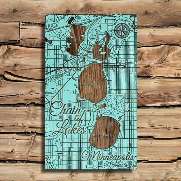 Minneapolis Chain of Lakes, MN Wood Map | Burnt Laser-Cut Wall Map