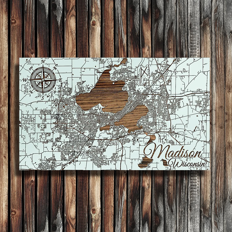 Madison WI - Lake Mendota Wood Map | Burnt Laser-Cut Wall Map