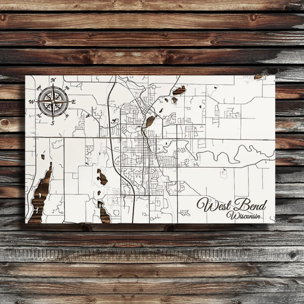 West Bend, Wisconsin Wood Map | Burnt Laser-Cut Wall Map