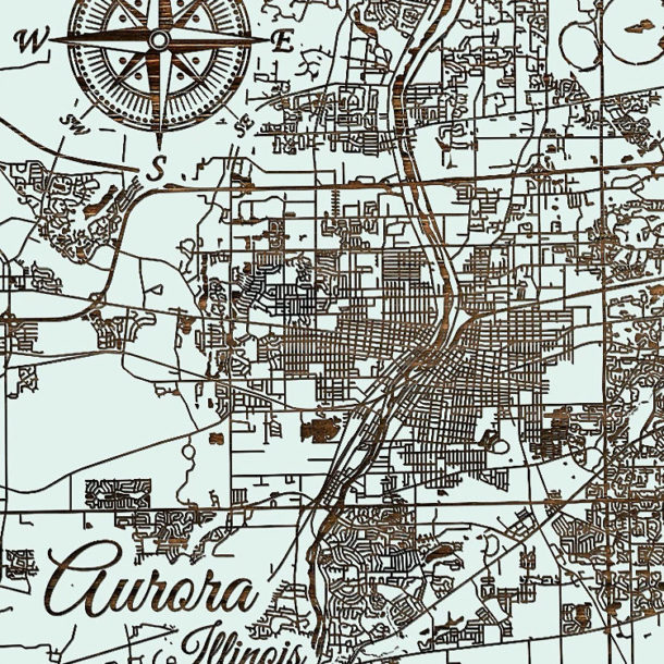 Aurora, Illinois Wood Map | Burnt Laser-Cut Wall Map