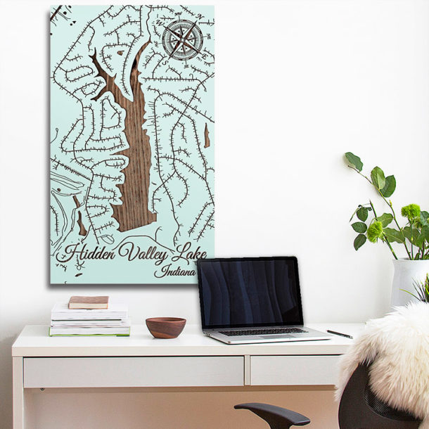 Hidden Valley Lake, Indiana Wooden Map | Burnt Laser-Cut Wall Map