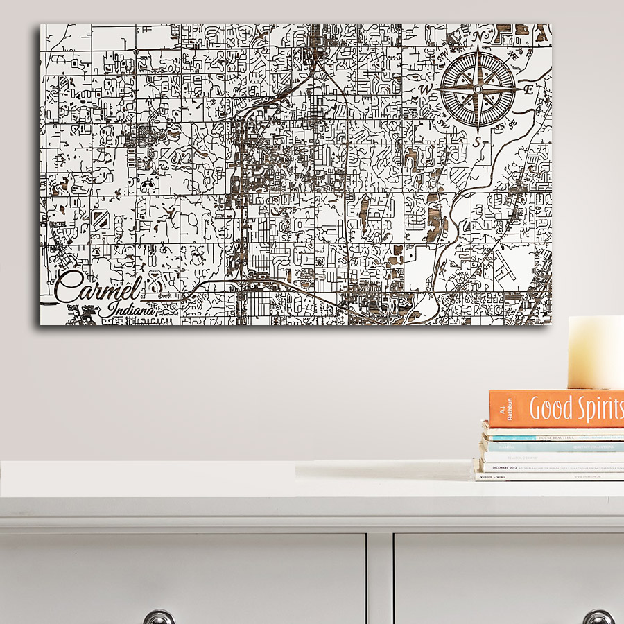 Carmel, Indiana Wooden Map | Burnt Laser-Cut Wall Map