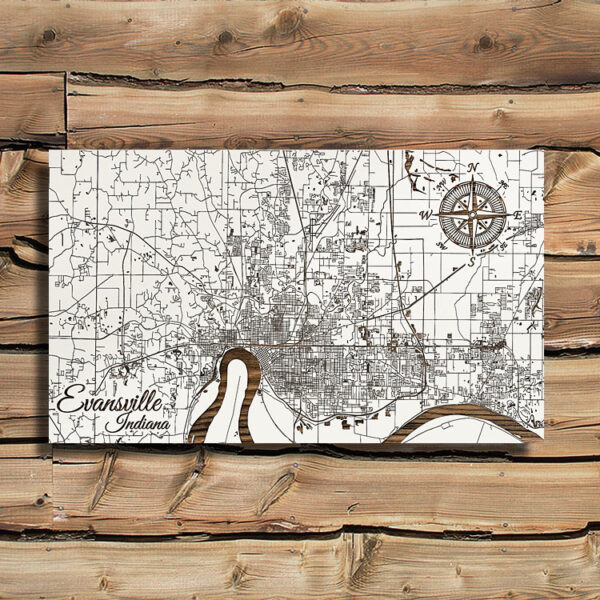 Evansville, Indiana Wooden Map | Burnt Laser-Cut Wall Map