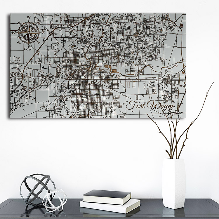 Fort Wayne, Indiana Wooden Map | Burnt Laser-Cut Wall Map