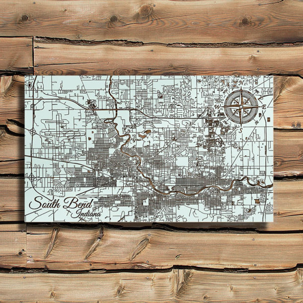 South Bend, Indiana Wooden Map | Burnt Laser-Cut Wall Map