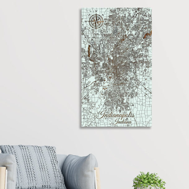 Indianapolis, Indiana Wooden Map | Burnt Laser-Cut Wall Map