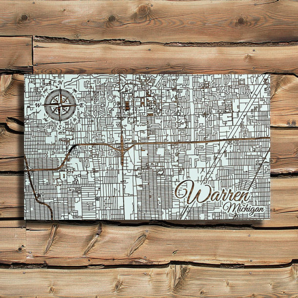 Warren, Michigan Wooden Map | Burnt Laser-Cut Wall Map