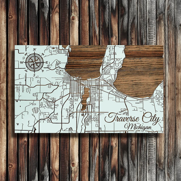 Traverse City - Grand Traverse Bay, MI Wooden Map | Burnt Laser-Cut ...