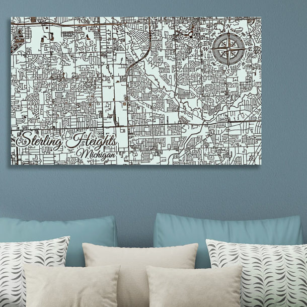 Sterling Heights, Michigan Wooden Map | Burnt Laser-Cut Wall Map