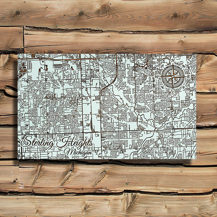 Sterling Heights, Michigan Wooden Map | Burnt Laser-Cut Wall Map