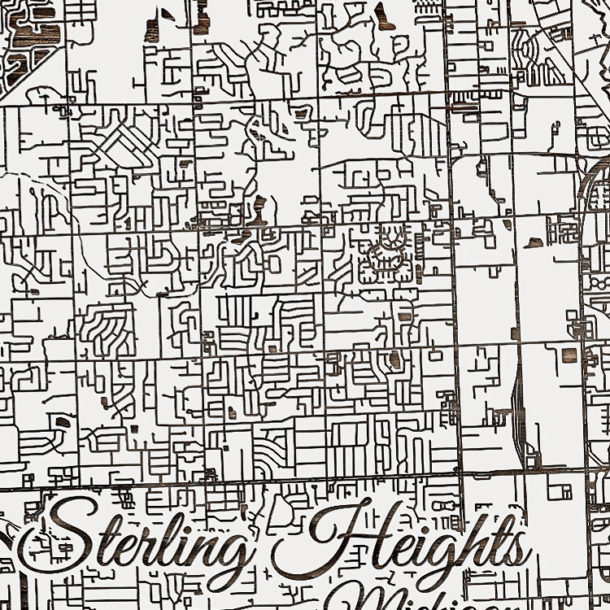 Sterling Heights, Michigan Wooden Map | Burnt Laser-Cut Wall Map
