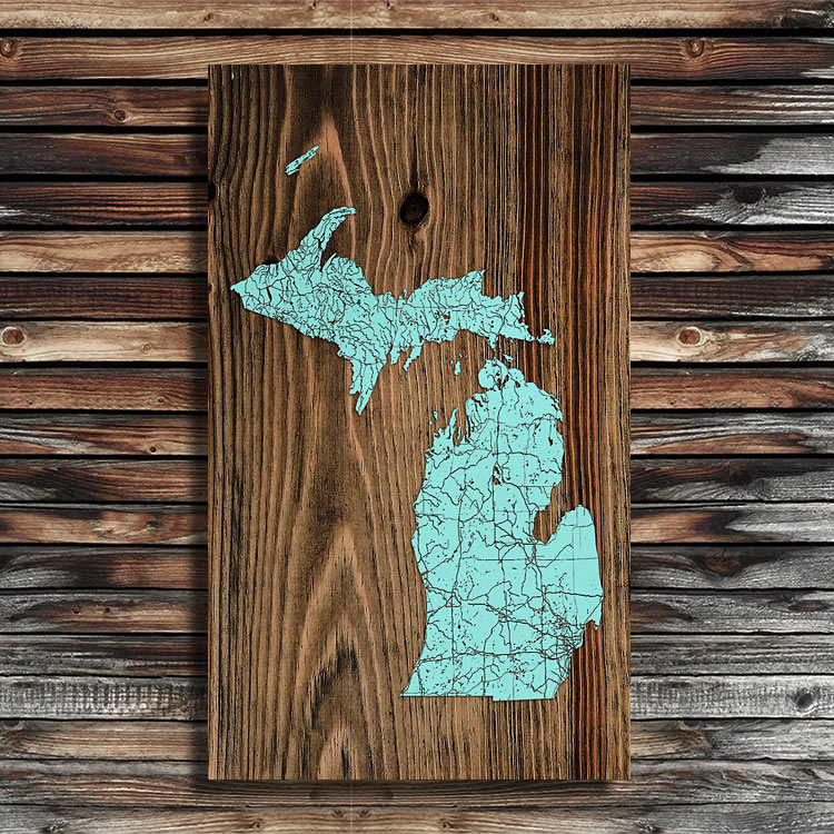 State of Michigan Wooden Map | Burnt Laser-Cut Wall Map