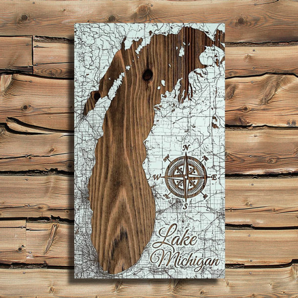 Lake Michigan Wooden Map | Burnt Laser-Cut Wall Map