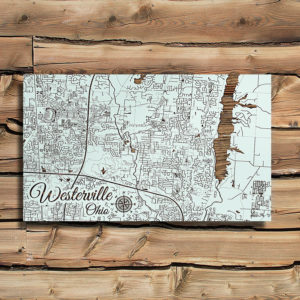 Westerville OH Wooden Street Map | Burnt Laser-Cut Wall Map