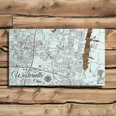 Westerville OH Wooden Street Map | Burnt Laser-Cut Wall Map