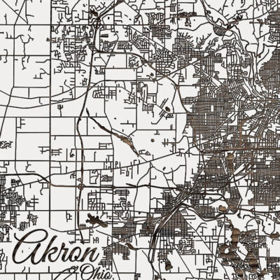Akron Ohio Wooden Street Map | Burnt Laser-Cut Wall Map