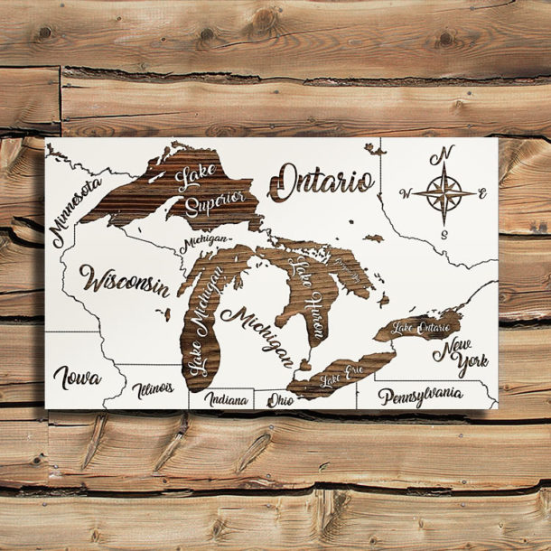 The Great Lakes Wood Map | Burnt Laser-Carved Wall Map