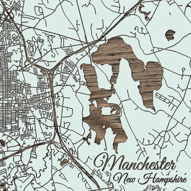Manchester NH Wooden Map | Burnt Laser-Carved Wall Map