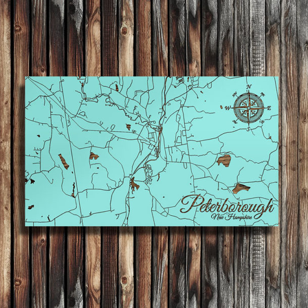 Peterborough NH Wooden Map | Burnt Laser-Carved Wall Map