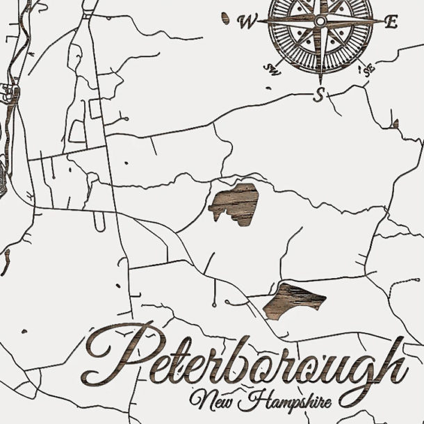 Peterborough NH Wooden Map | Burnt Laser-Carved Wall Map