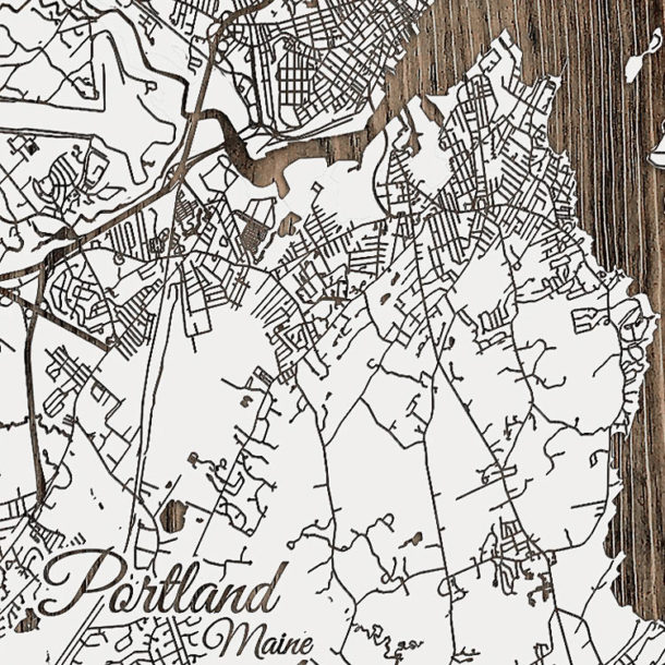 Portland Maine Wooden Map | Burnt Laser-Carved Wall Map