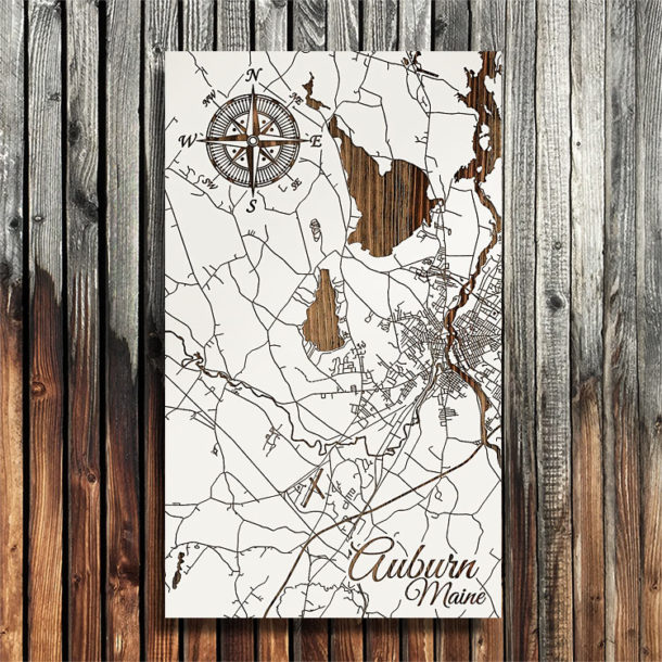 Auburn Maine Wooden Map | Burnt Laser-Carved Wall Map
