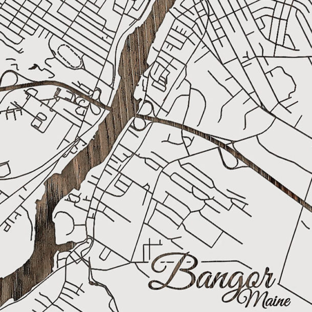 Bangor, Maine Wooden Map | Burnt Laser-Carved Wall Map