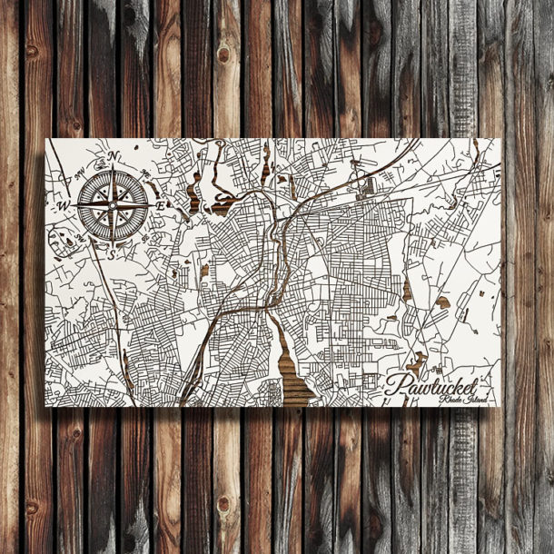 Pawtucket, Rhode Island Wooden Map | Burnt Laser-Carved Wall Map