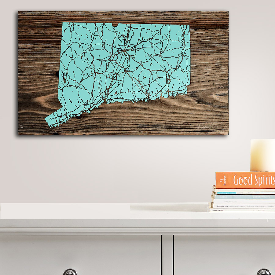 State of Connecticut Wooden Map | Burnt Laser-Carved Wall Sign